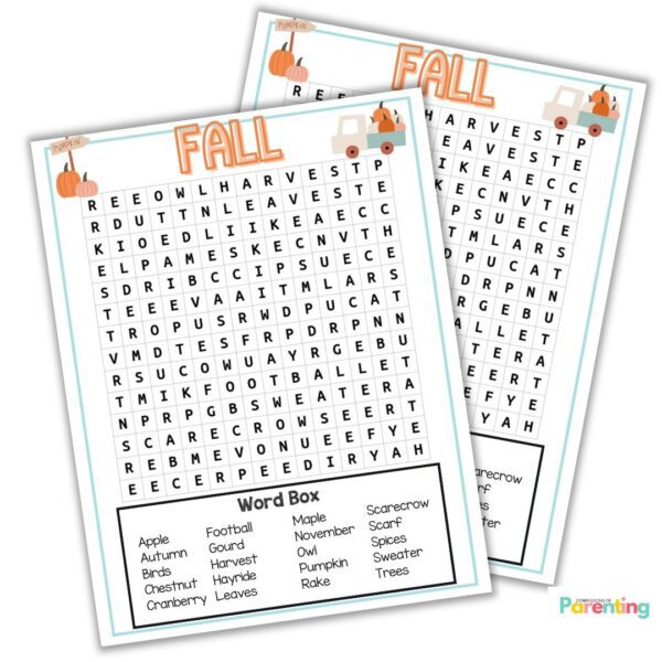 Free Fall Word Search Printable for Kids