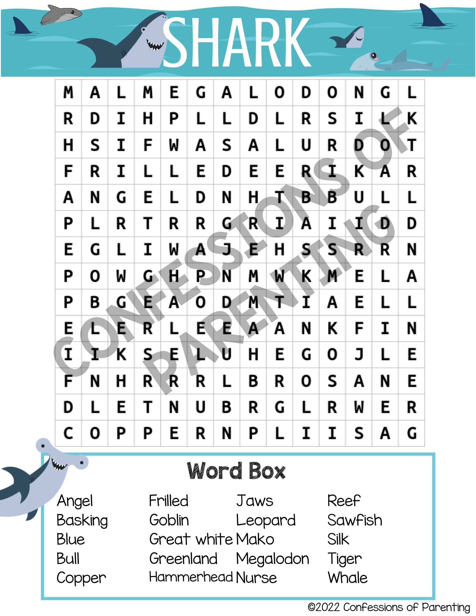 The Best Shark Word Search