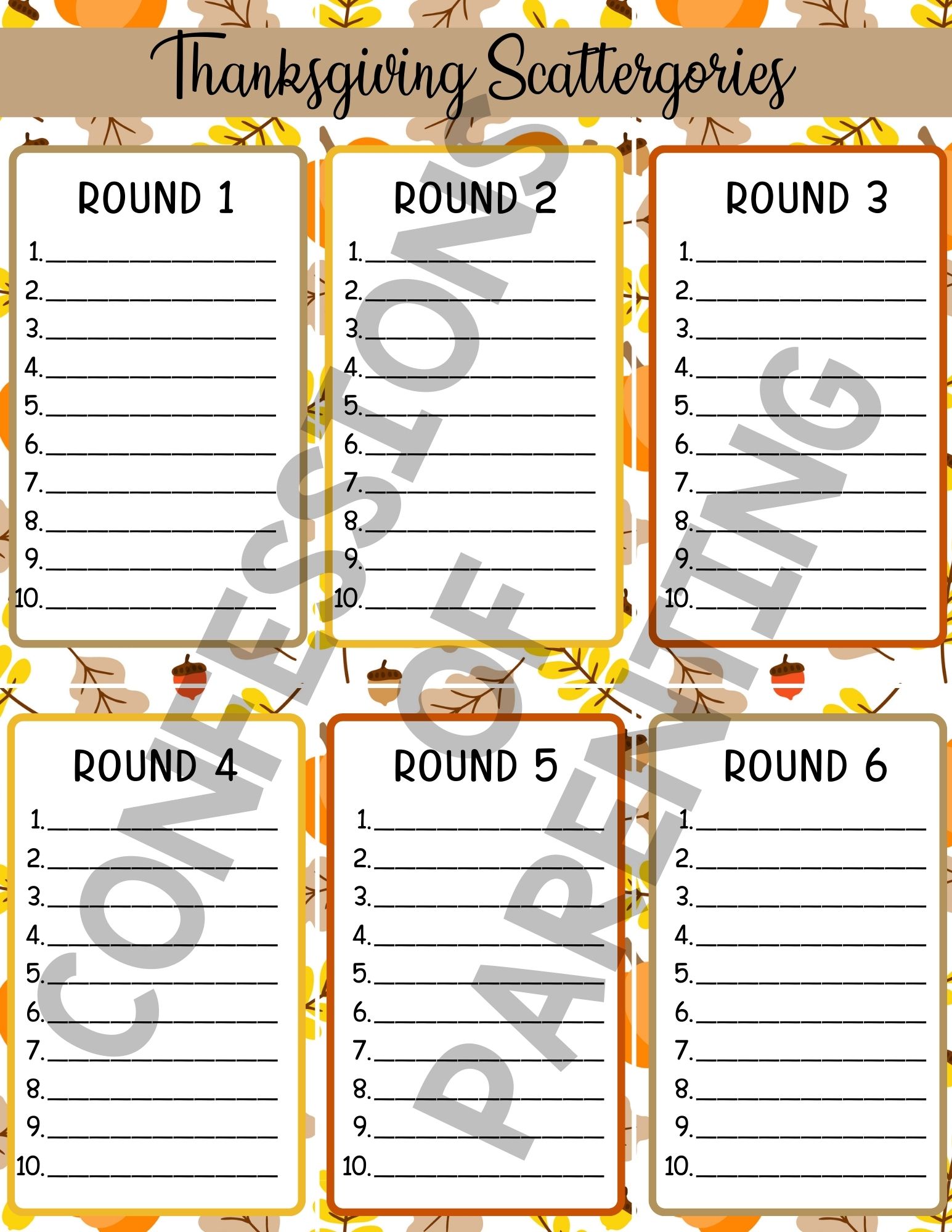 Free Thanksgiving Scattergories Printable
