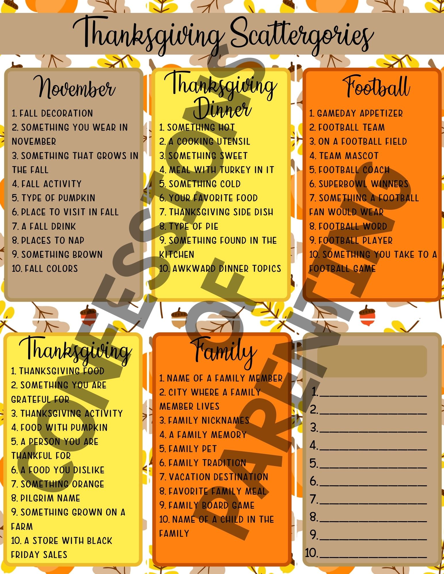 Free Thanksgiving Scattergories Printable
