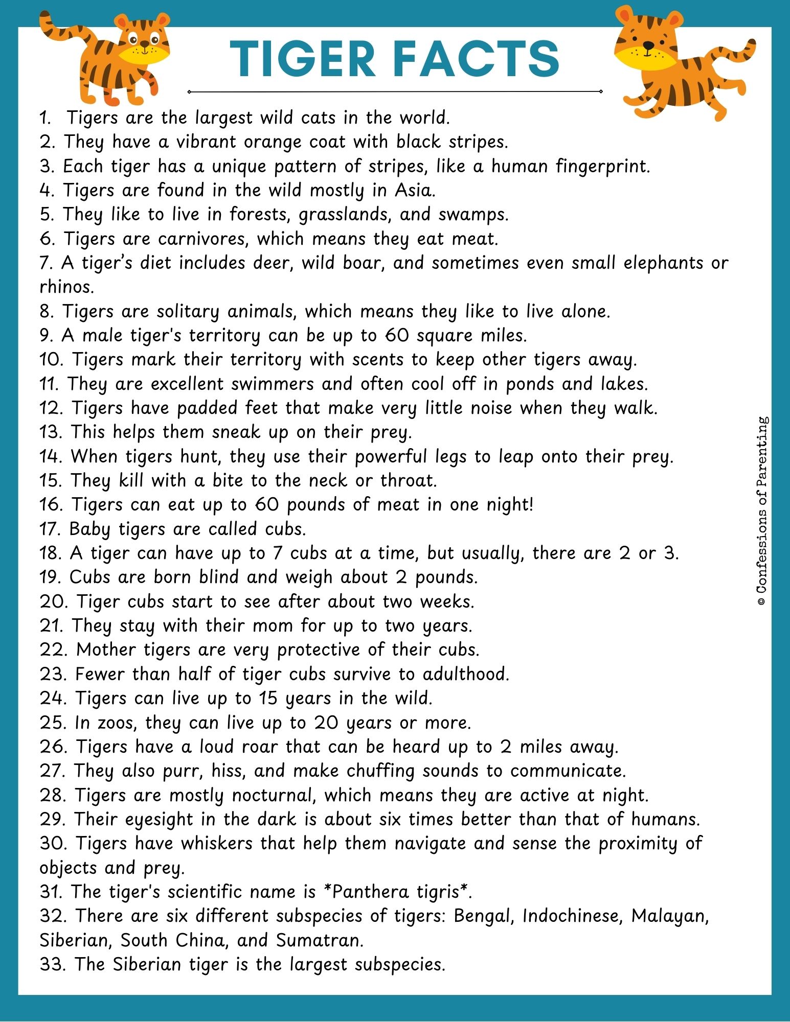 100 Great Tiger Facts + Trivia Questions [Free Printable]