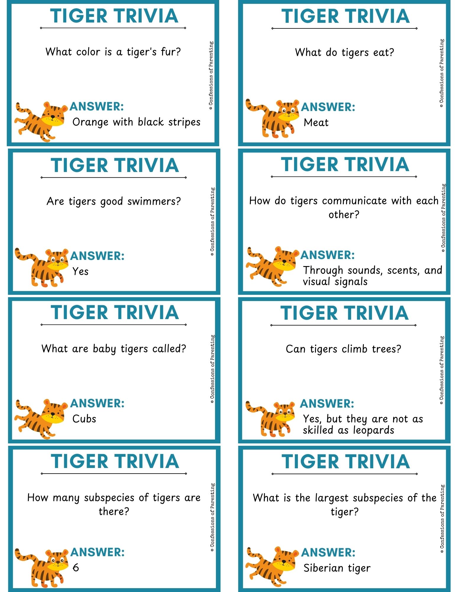 100 Great Tiger Facts + Trivia Questions [Free Printable]