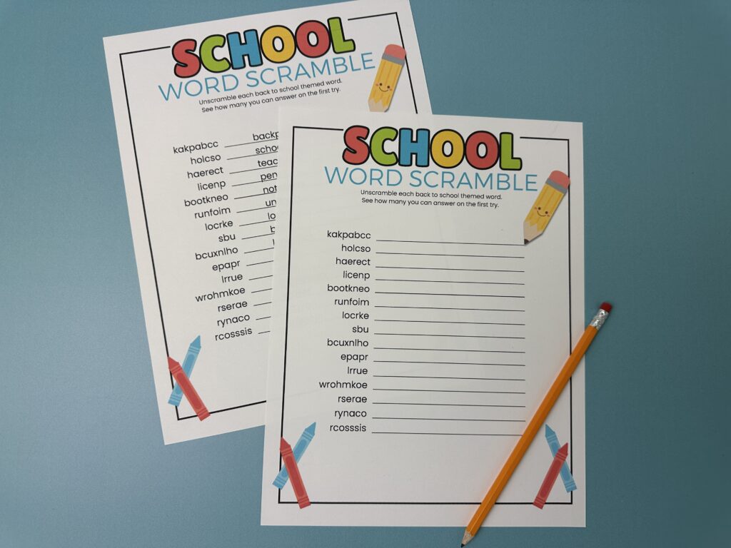 Free School Word Scramble Printable for Back to School Fun